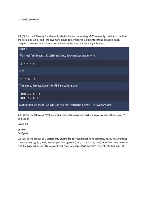 CA MIPS Questions Use A Minimal Number Of MIPS Assembly Instructions F G H