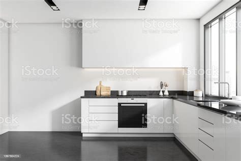 빈 흰색 벽이있는 밝은 주방 인테리어의 정면보기 0명에 대한 스톡 사진 및 기타 이미지 0명 3차원 형태 가구 Istock