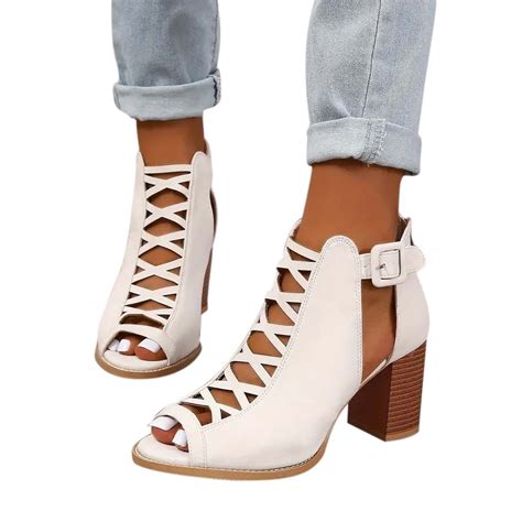Nrmvnmi Womens Summer Peep Toe Stacked Heels Sandals Open Toe Cut Out