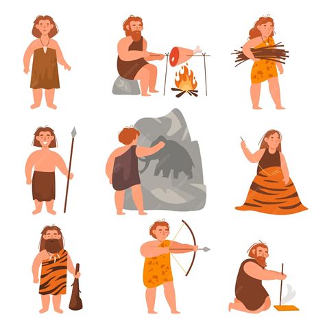 Premium Vector Stone Age People Ancient Cute Men And Women Cook Sew