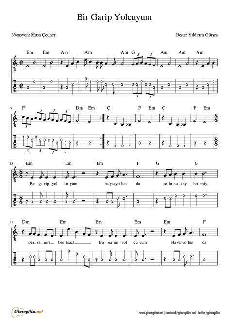Bir Garip Yolcuyum Gitar Nota Tab Gitareğ