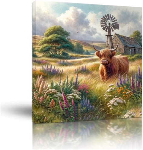Highland Cow Wall Art Serene Pastoral Scene Charming Highland Cow