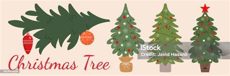 크리스마스 장식 트리 세트입니다 명절을 위한 화려한 평면 선물 모던한 디자인 장식을 위한 크리스마스와 새해 요소 벡터 일러스트 레이 션 12월에 대한 스톡 벡터 아트 및