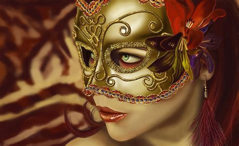 Face Women Redhead Green Eyes Artwork Mask Flower In Hair