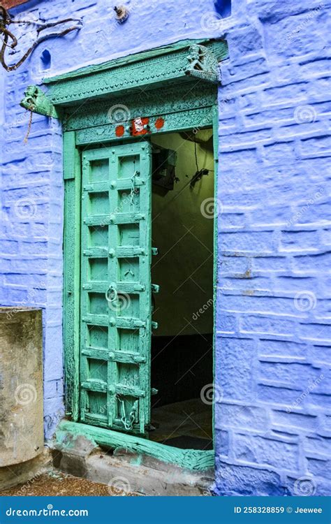 Altes Blaues Haus Mit Grüner Tür Innerhalb Der Jaisalmer Festung