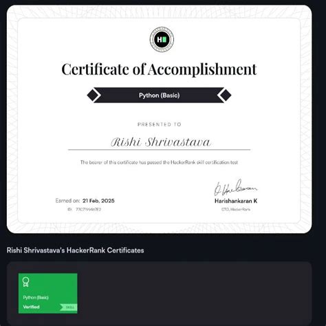 Excited To Announce That Ive Obtained My Python Certification From Hackerrank Rishi Shrivastava