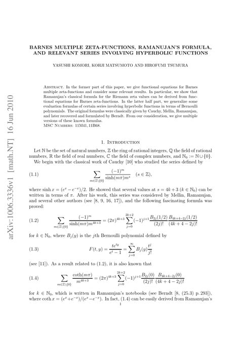 pdf barnes multiple zeta functions ramanujan s formula and relevant