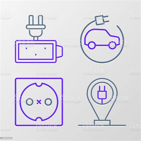라인 충전 주차 전기 자동차 전기 콘센트 및 배터리 충전 아이콘을 설정합니다 벡터 아이콘에 대한 스톡 벡터 아트 및 기타 이미지