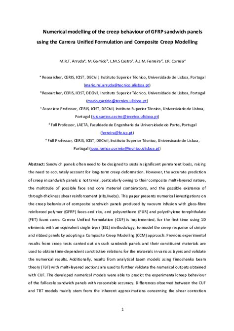 Pdf Numerical Modelling Of The Creep Behaviour Of Gfrp Sandwich Panels Using The Carrera