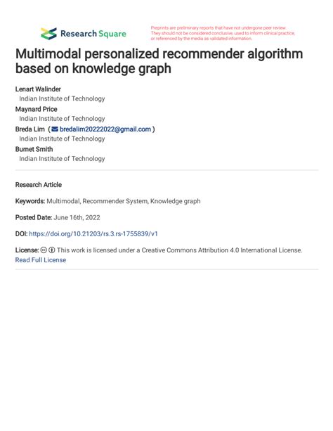 Pdf Multimodal Personalized Recommender Algorithm Based On Knowledge