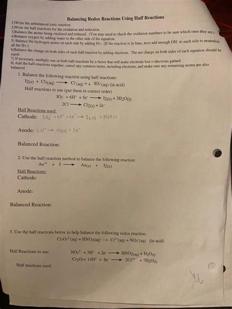Solved Balancing Redox Reactions Using Half Reactions Chegg Com