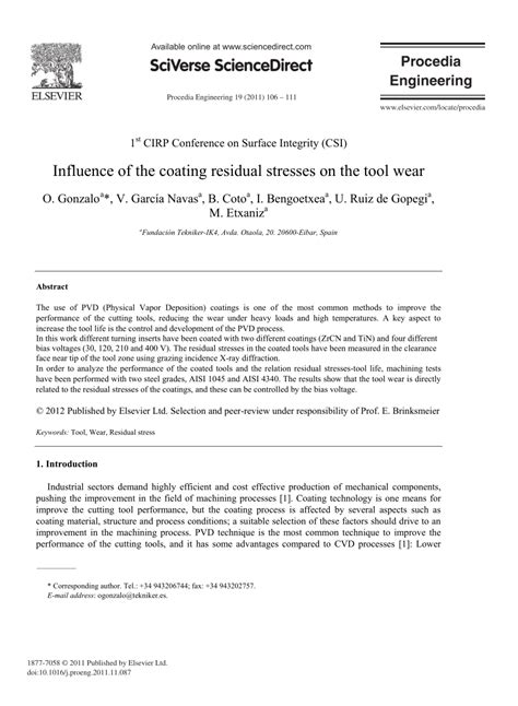 Pdf Influence Of The Coating Residual Stresses On The Tool Wear
