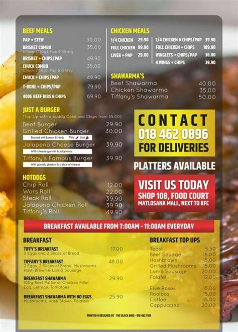Speisekarte Von Braai At Tiffanys Restaurant Klerksdorp
