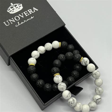 Couples Bracelet Natural Howlite And Lava Stones For Calming Fertility