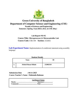 CSE 304 LABReport 2 Lab Report Green University Of Bangladesh Department Of Computer Science