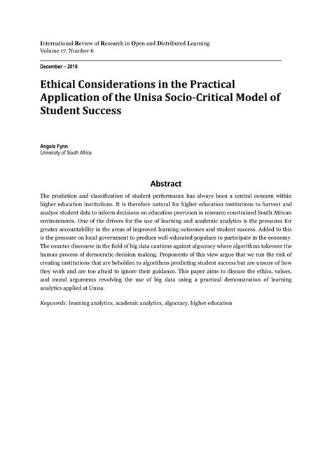 Pdf Ethical Considerations In The Practical Application Of The Unisa