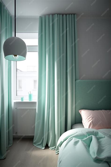 Premium Ai Image Modern Bedroom With Mint Green Curtains
