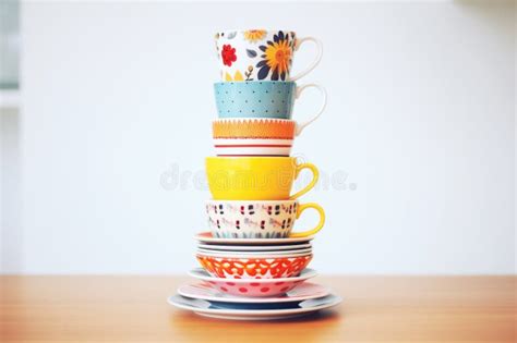 A Stack Of Tea Cups And Saucers With Different Patterns Stock