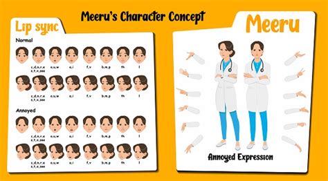 짜증나는 방사선 전문의 만화 캐릭터 Aka Meeru 짜증 난 표정과 립싱크 다양한 손 제스처와 정면 및 1 3 서있는 포즈를 가진 방사선 의사 만화 세트 건강관리와 의술에