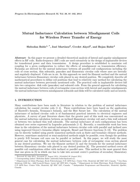 Pdf Mutual Inductance Calculation Between Misalignment Coils For