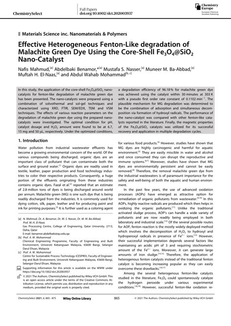 Pdf Effective Heterogeneous Fenton‐like Degradation Of Malachite