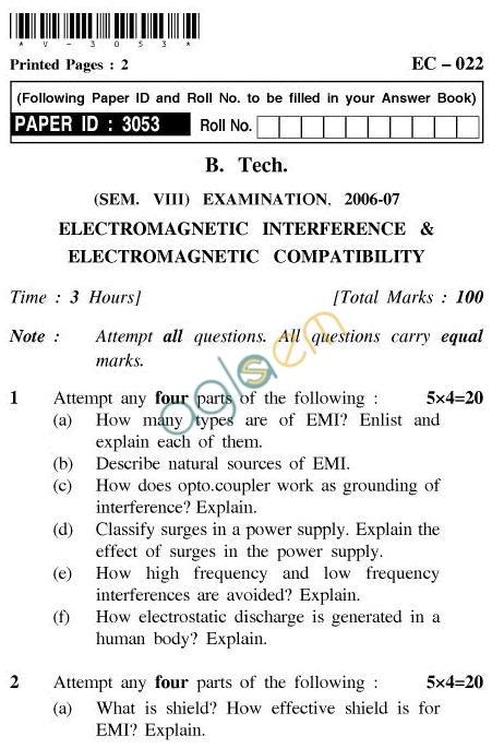 Aktu Btech Question Paper Ec 022 Electromagnetic Interference