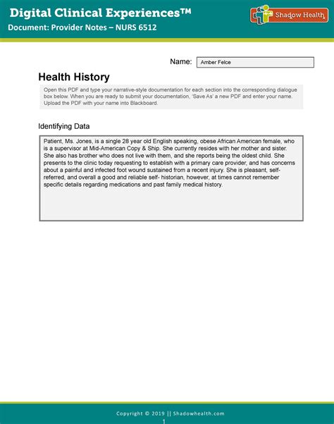 Dce Documentation Template Copyright © 2019 Shadowhealth Name