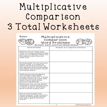 Multiplicative Comparison Word Problem Worksheets Sports Themed