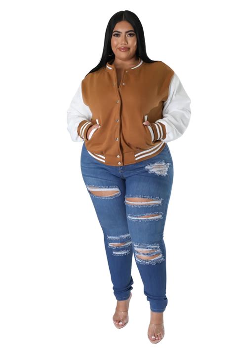 Final Sale Plus Size Varsity Jacket In Mocha And White Shopperboard