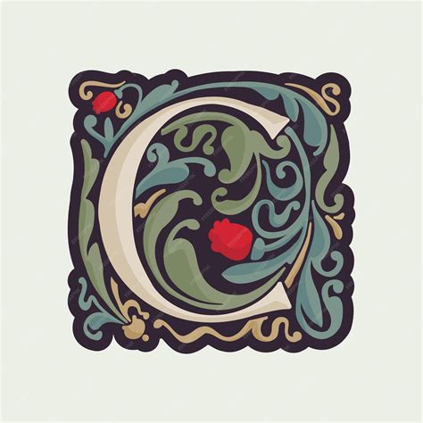 C Letter Illuminated Initial With Curve Leaf Ornament And Tulips Medieval Dim Colored Fancy Drop