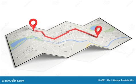 Folded Paper Map With Two Red Pointers Set On Route Stock Illustration