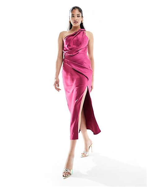 Asos Design Satin Midikleid In Rosa Mit Verdrehtem Träger An Der