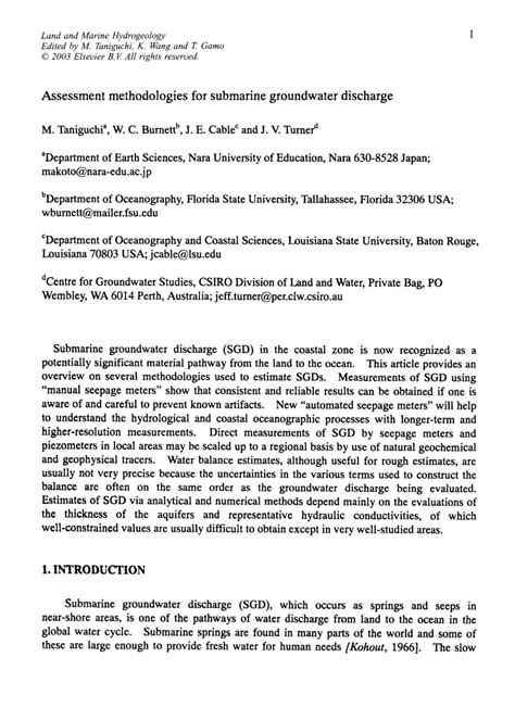 Pdf Assessment Methodologies For Submarine Groundwater Discharge