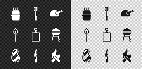 프로판 가스 탱크 바베큐 주걱 구운 칠면조 또는 닭고기 스테이크 고기 칼 캠프 파이어 굽기 와 도마 아이콘을 설정합니다 벡터 가연성에 대한 스톡 벡터 아트 및 기타 이미지