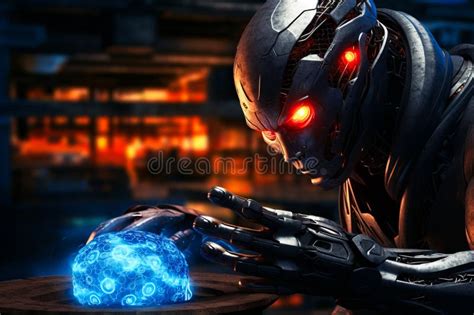 Robot With Glowing Eyes And Glowing Glove On His Hand Generative Ai