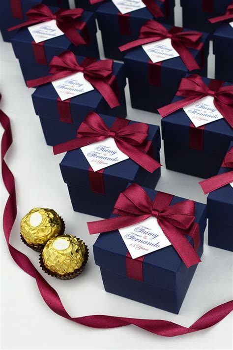 Wedding Favor Boxes With Burgundy Satin Ribbon Bow And Your Names Artofit