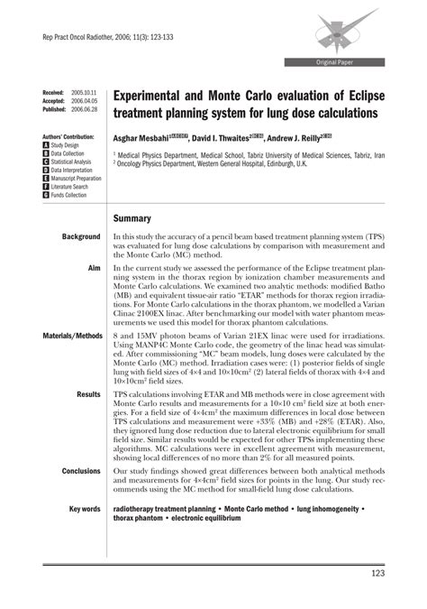 Pdf Experimental And Monte Carlo Evaluation Of Eclipse Treatment Planning System For Lung Dose