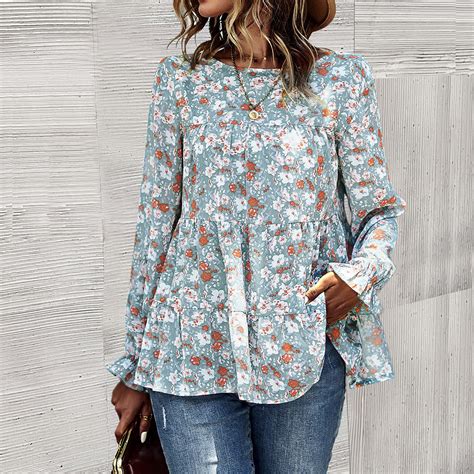 Womens Casual Round Neck Long Sleeve Floral Top Blouse