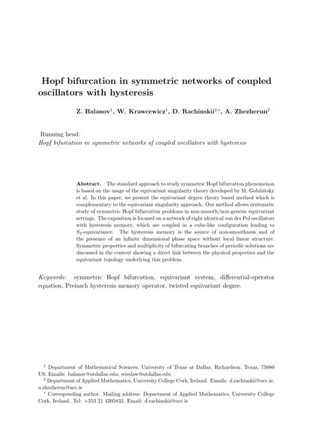 Pdf Hopf Bifurcation In Symmetric Networks Of Coupled Oscillators With Hysteresis