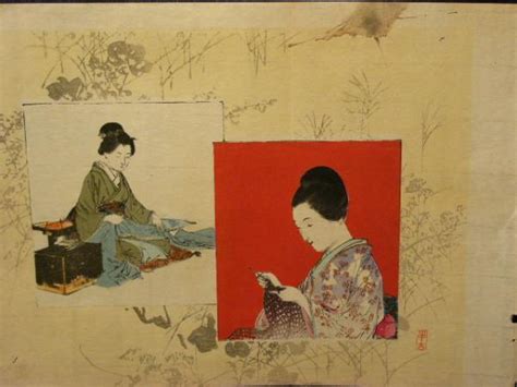 梶田半古による浮世絵「women Sewing — 仕立てる女」