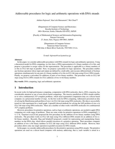 Pdf Addressable Procedures For Logic And Arithmetic Operations With Dna Strands