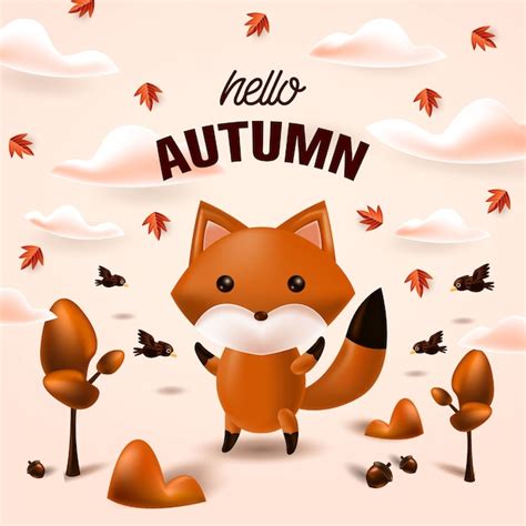 Feliz Fondo De Saludo De Otoño Con Zorro Gigante Vector Premium
