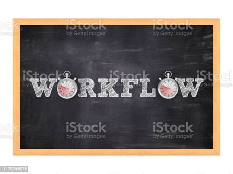 블랙보드에서 스톱워치가 있는 워크플로우 워드 3d 렌더링 3차원 형태에 대한 스톡 사진 및 기타 이미지 3차원 형태 개념 개발 Istock