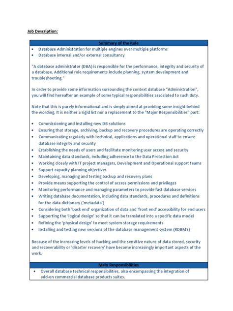 Job Description Oracle Dba Pdf Oracle Database Databases