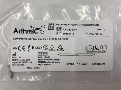 Arthrex Ar 8835 14 Low Profile Screw Ss 35 X 14mm Cortical Gb Tech Usa