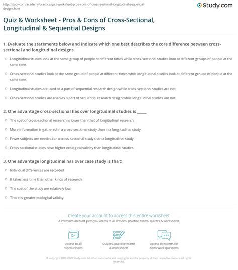 Quiz And Worksheet Pros And Cons Of Cross Sectional Longitudinal And Sequential Designs