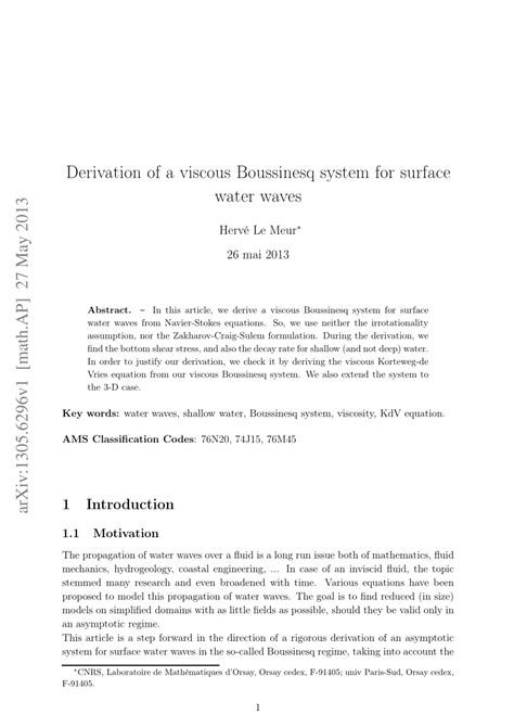 Pdf Derivation Of A Viscous Boussinesq System For Surface Water Waves