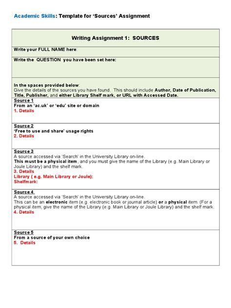 Template For Sources Assignment Academic Skills Pdf