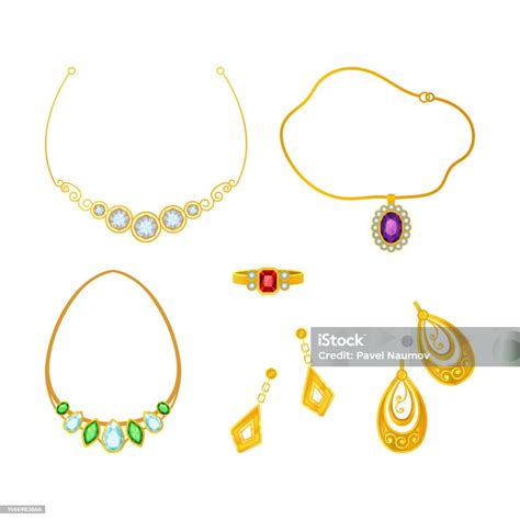 보석 또는 보석 항목 및 반지 목걸이 및 귀걸이 벡터 세트와 개인 장식 귀걸이에 대한 스톡 벡터 아트 및 기타 이미지 귀걸이