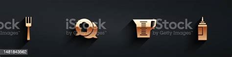 세트 포크 말풍선의 요리사 모자 계량컵 긴 그림자가 있는 소스 병 아이콘 벡터 Brand Name Online Messaging